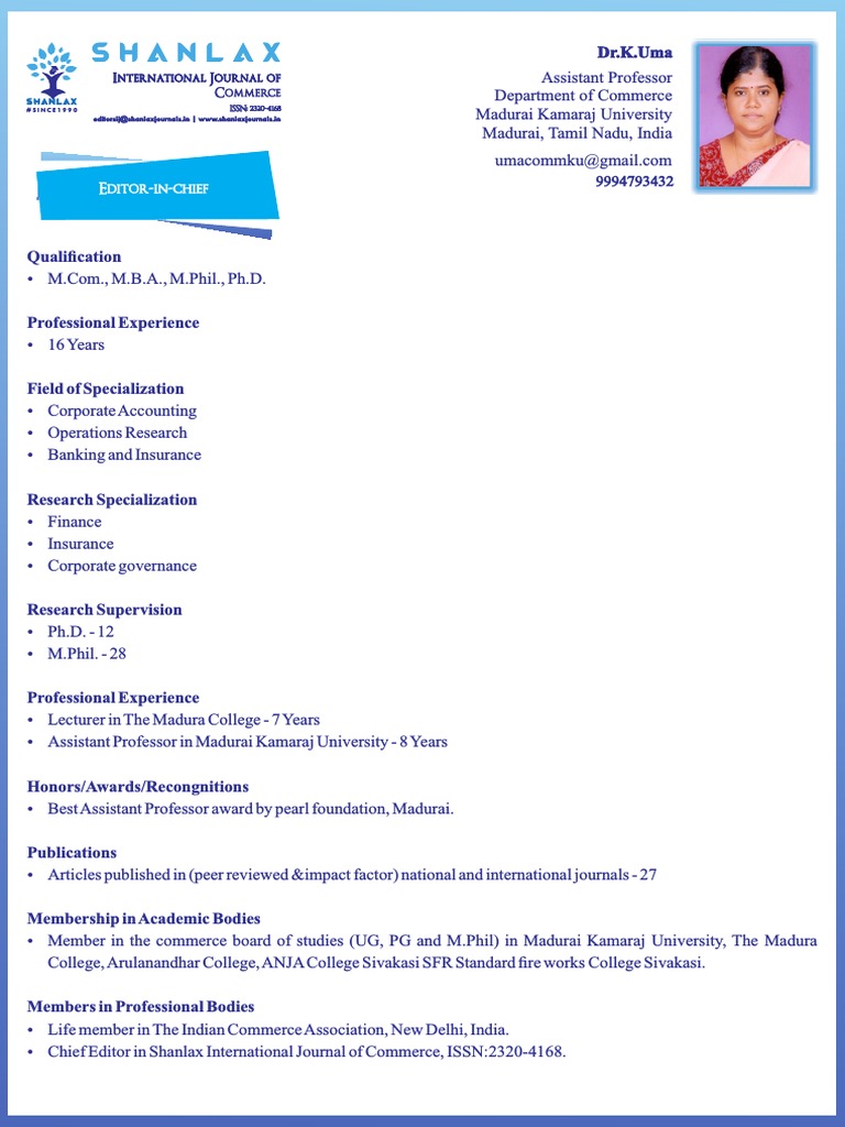 Shanlax Shanlax: Advisory Committee Editor-In-Chief | PDF