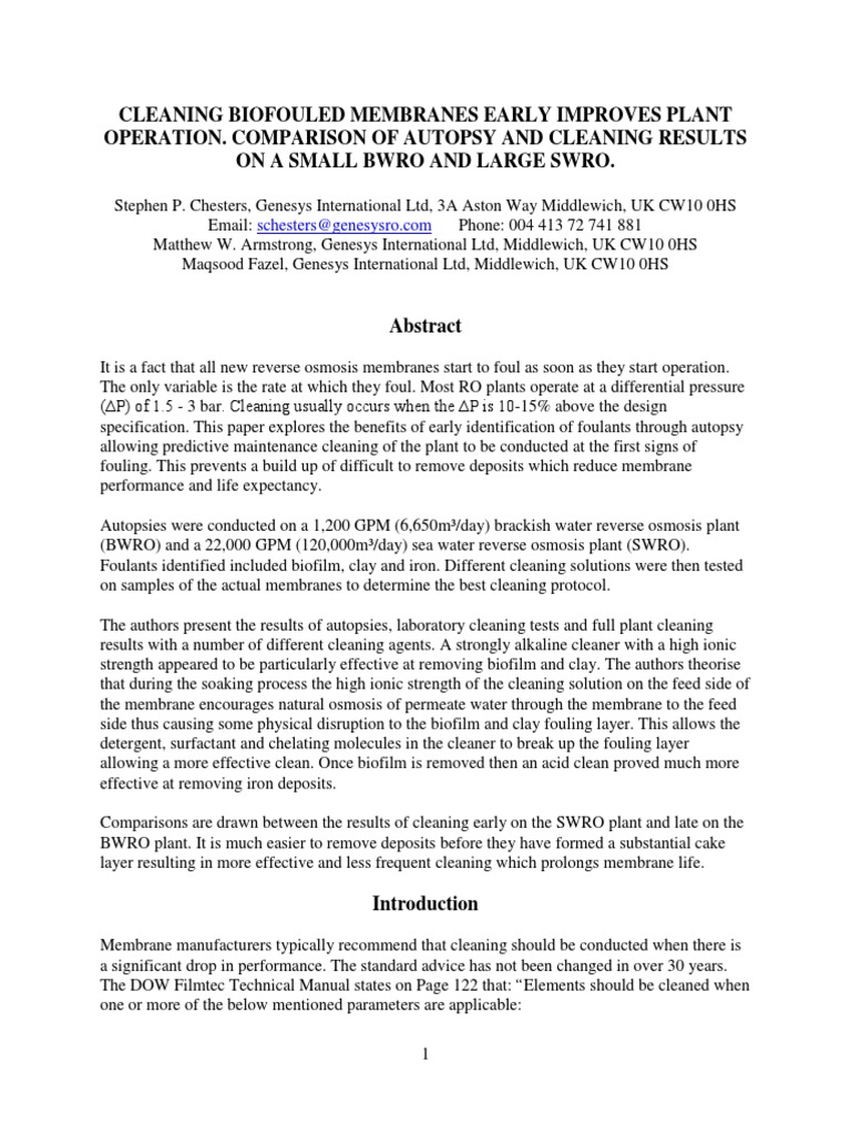 Early Cleaning of Biofouled Membranes | PDF | Membrane | X Ray ...