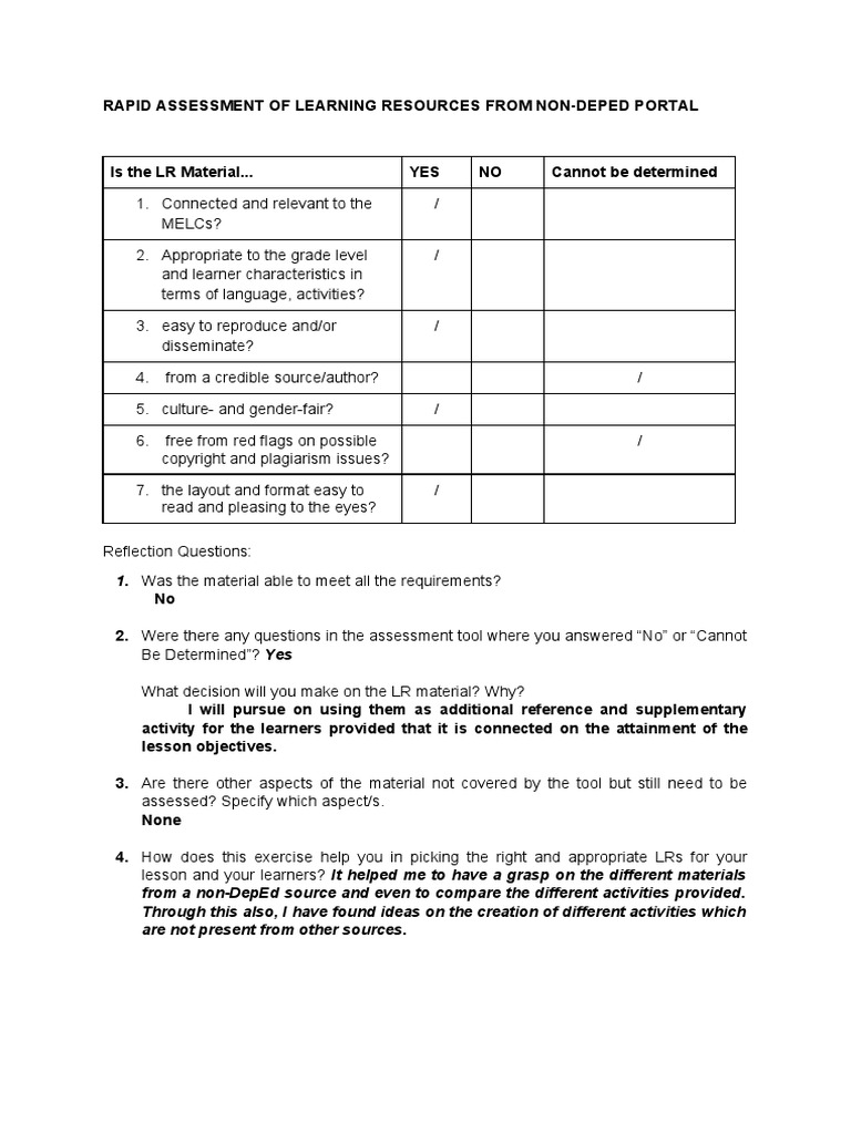 LR Rapid Assessment Tool From Non Deped Portal | PDF
