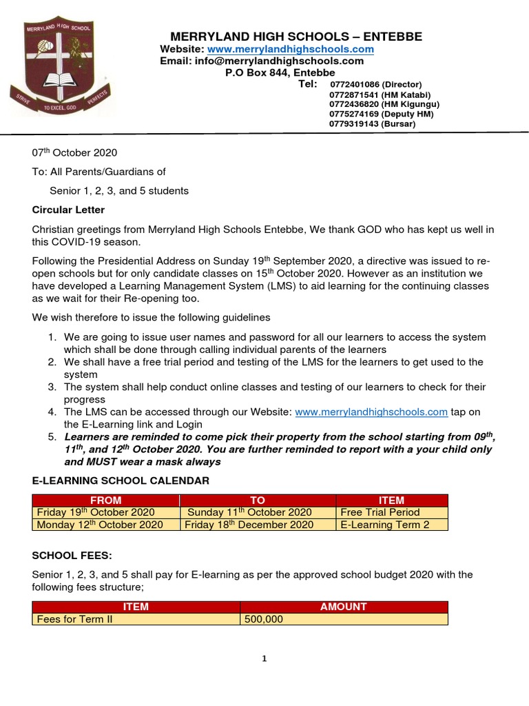 Merryland High Schools - Entebbe: Website: P.O Box 844, Entebbe Tel ...