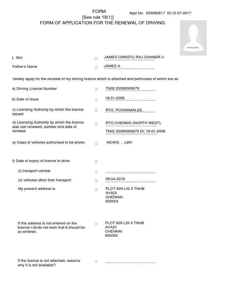 Form Form of Application For The Renewal of Driving (See Rule 18 (1 ...