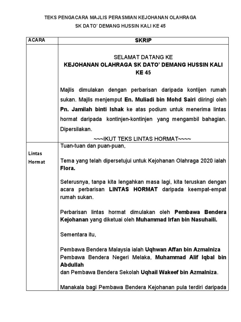 Skrip Emcee Sukan 2020 | PDF