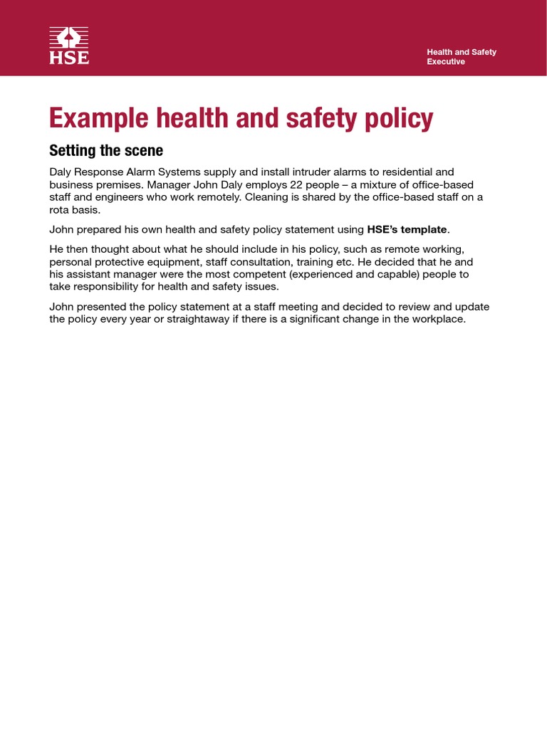 Example Health and Safety Policy: Setting The Scene | PDF ...
