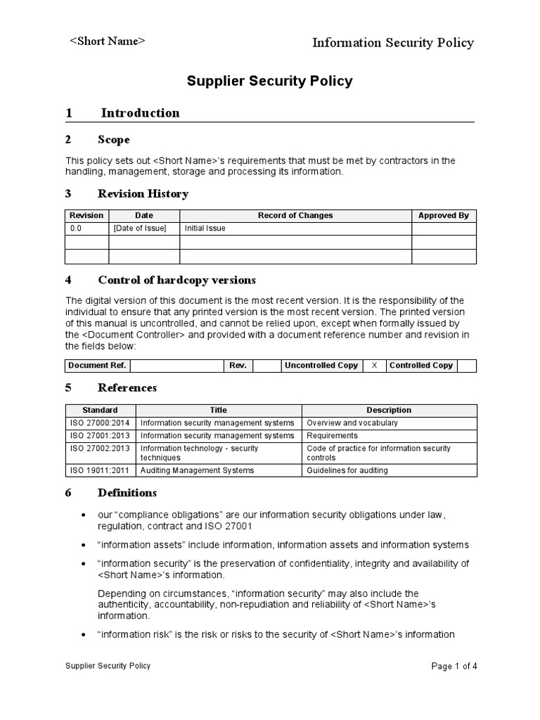 ISMS Supplier Security Policy | PDF | Information Security | Regulatory ...