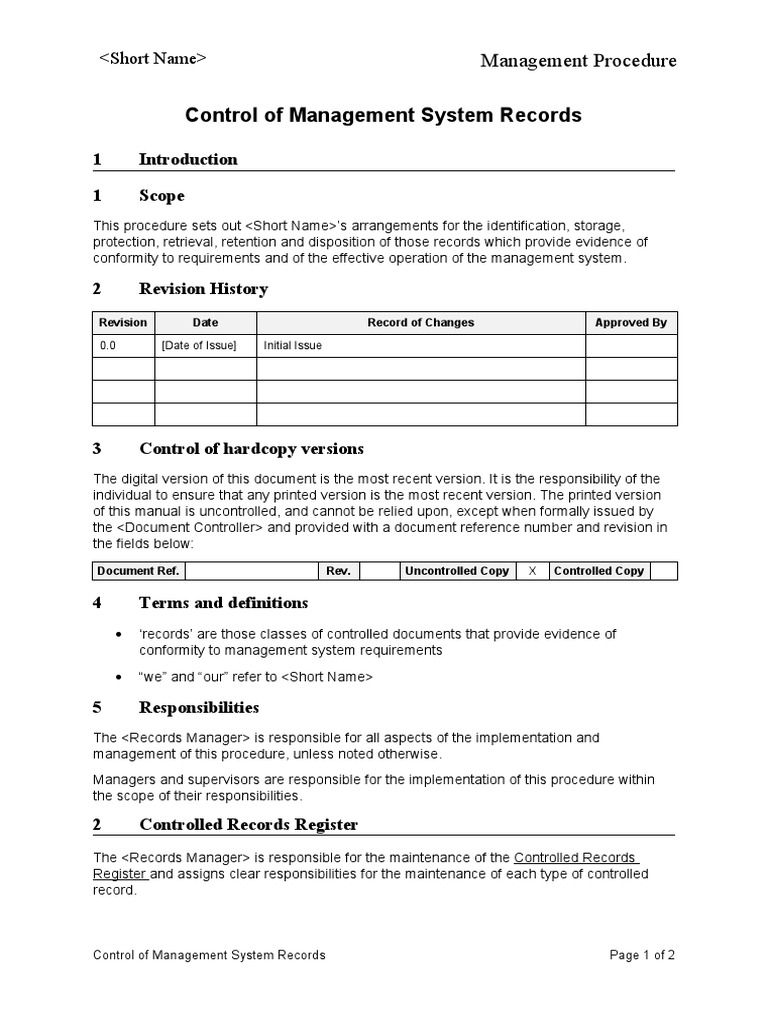 Control of Organizational Records: Procedures for Identifying, Storing ...