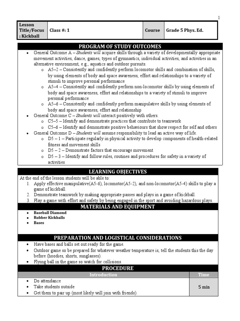 Program of Study Outcomes: Lesson Title/Focus: Kickball Class #: 1 ...