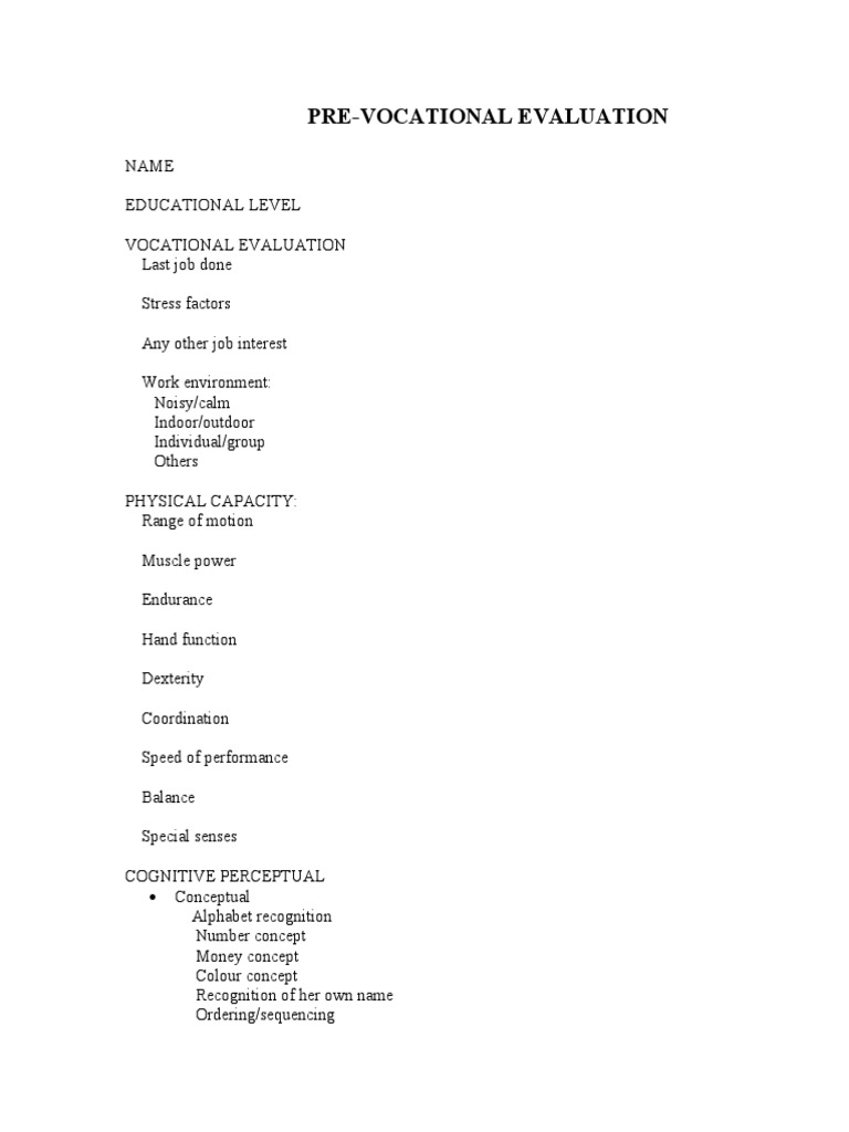 Pre-Vocational Assessment Format 1 | PDF