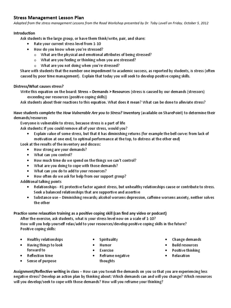 Stress Management Lesson Plan | PDF | Stress Management | Stress (Biology)
