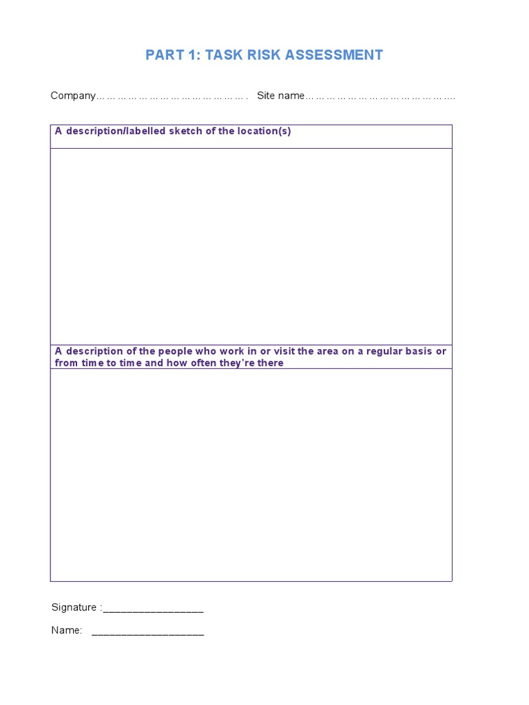 Part 1: Task Risk Assessment: A Description/labelled Sketch of The ...