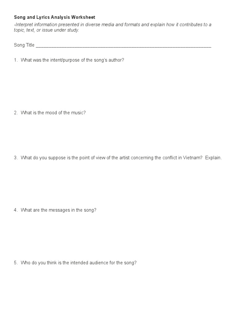 Song Analysis Worksheet for Vietnam War | PDF | Social Science ...