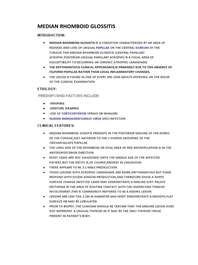 Median Rhomboid Glossitis | PDF | Cutaneous Conditions | Clinical Medicine