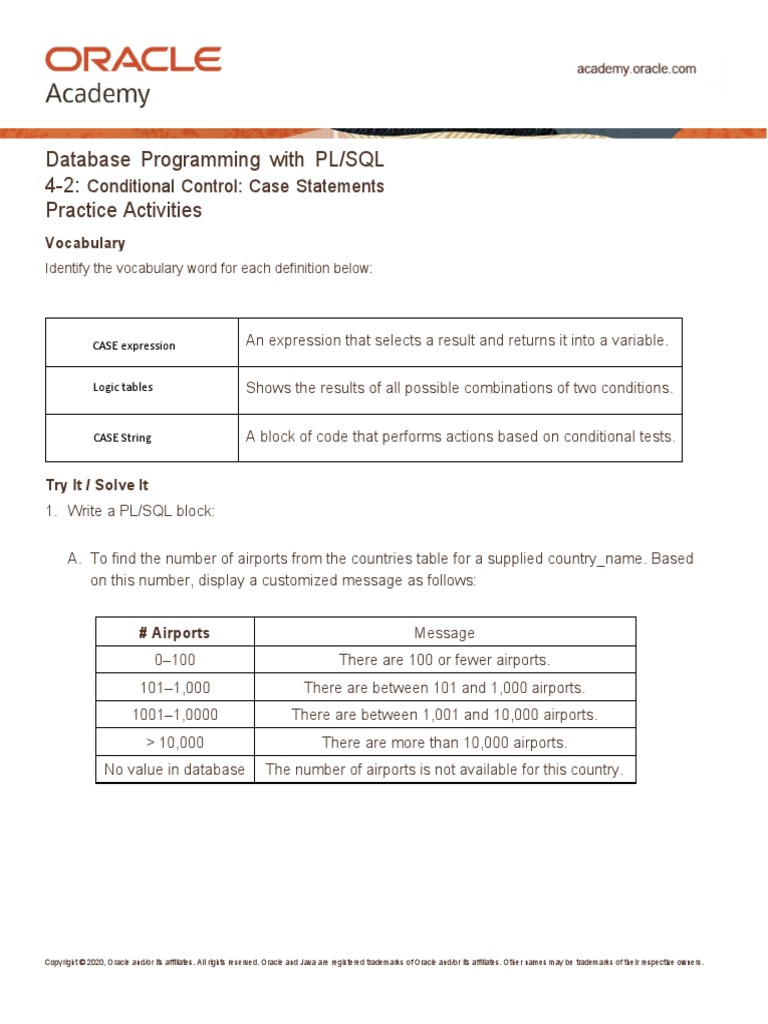 Database Programming With Pl Sql 4 2 Practice Activities Conditional Control Case Statements