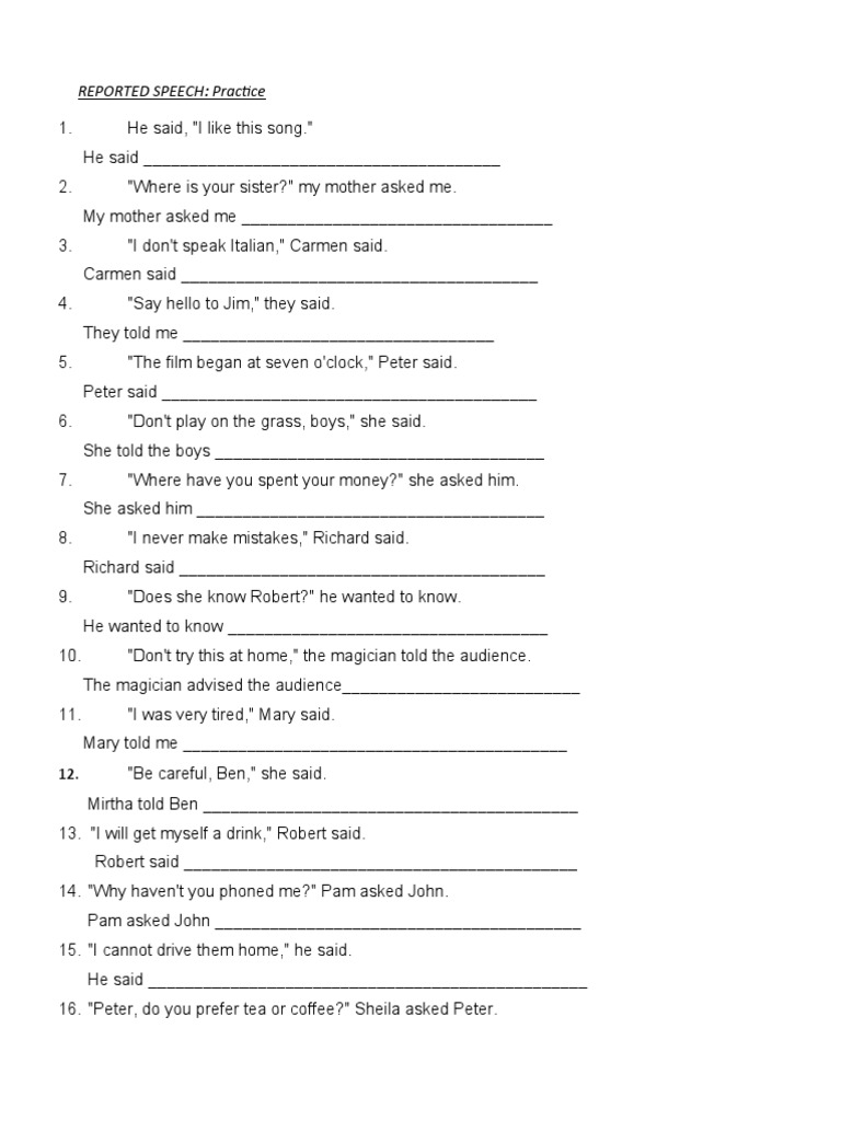 English Reported Speech Practice | PDF | Cooking, Food & Wine | Home ...