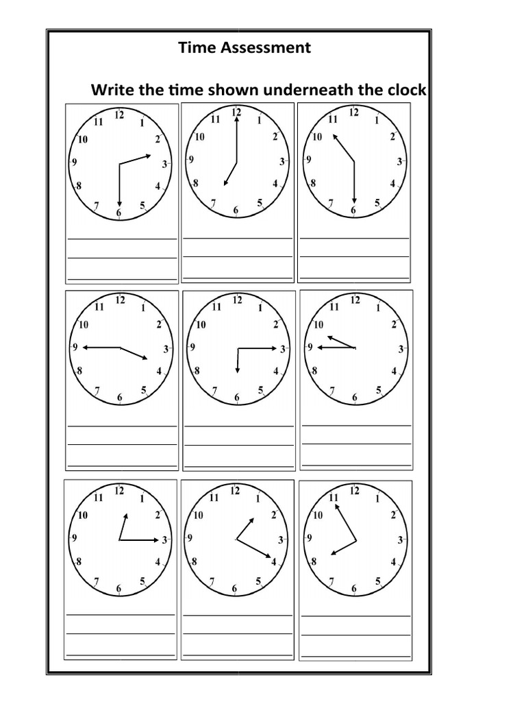 Time Assessment Write The Time Shown Underneath The Clock | PDF