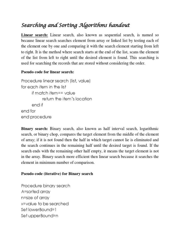 Searching and Sorting Algorithms Handout | PDF | Algorithms ...