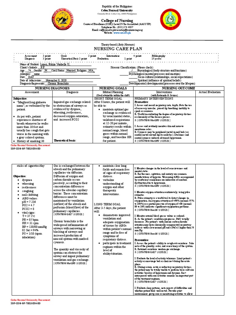 Cebu Normal University Nursing Care Plan for Chronic Bronchitis | PDF ...