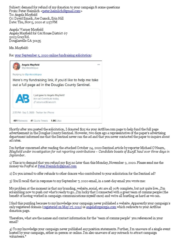 My 11/5/20 Campaign Donation Refund Demand Letter To Angela Warner ...