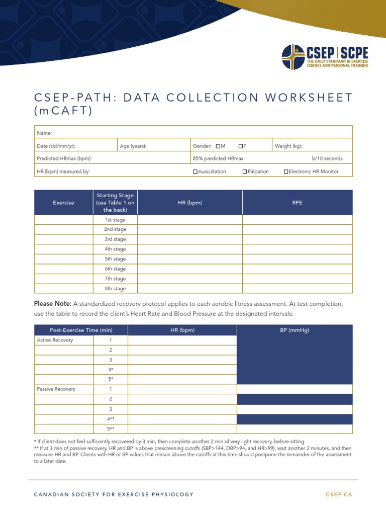 Csep-Path: Data Collection Worksheet (mCAFT) : Exercise Starting Stage ...