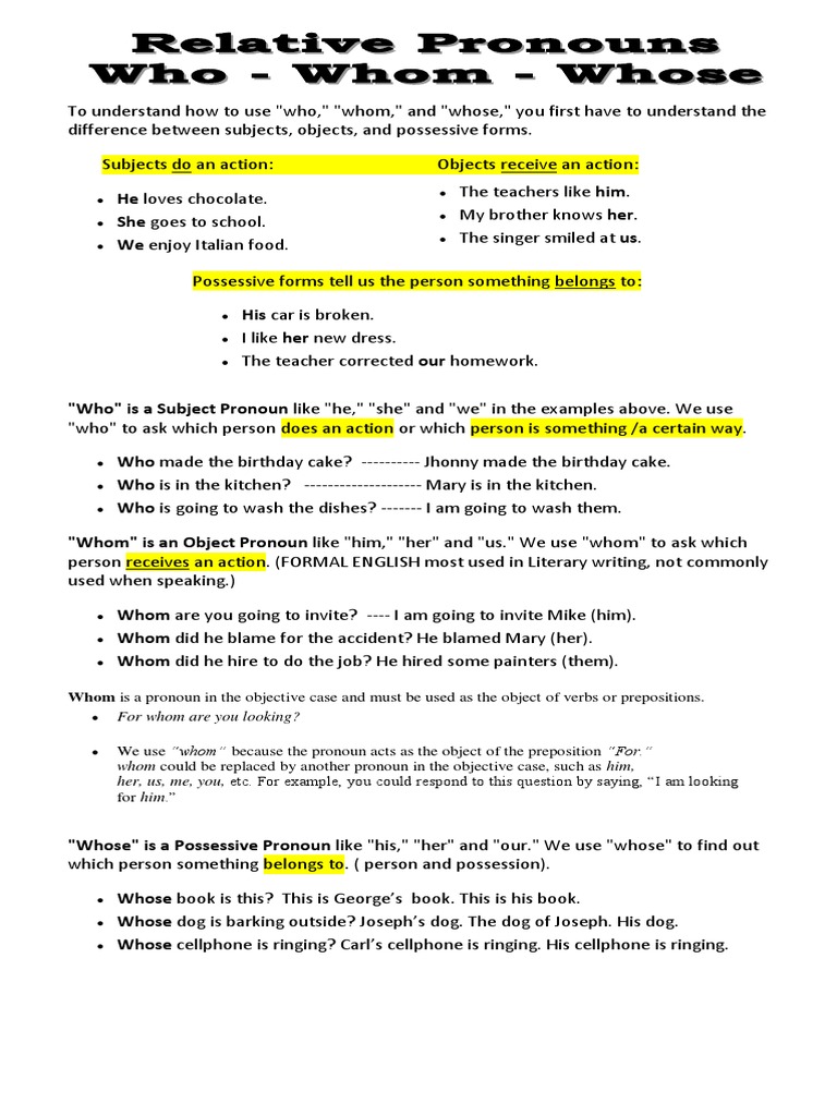 Practice About Relative Pronouns - Who-Whose-Whom | PDF | Pronoun ...