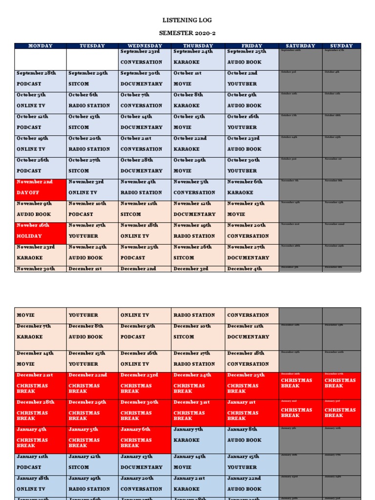 LISTENING LOG - (2020-2) - Calendar | PDF | Violence | Sports