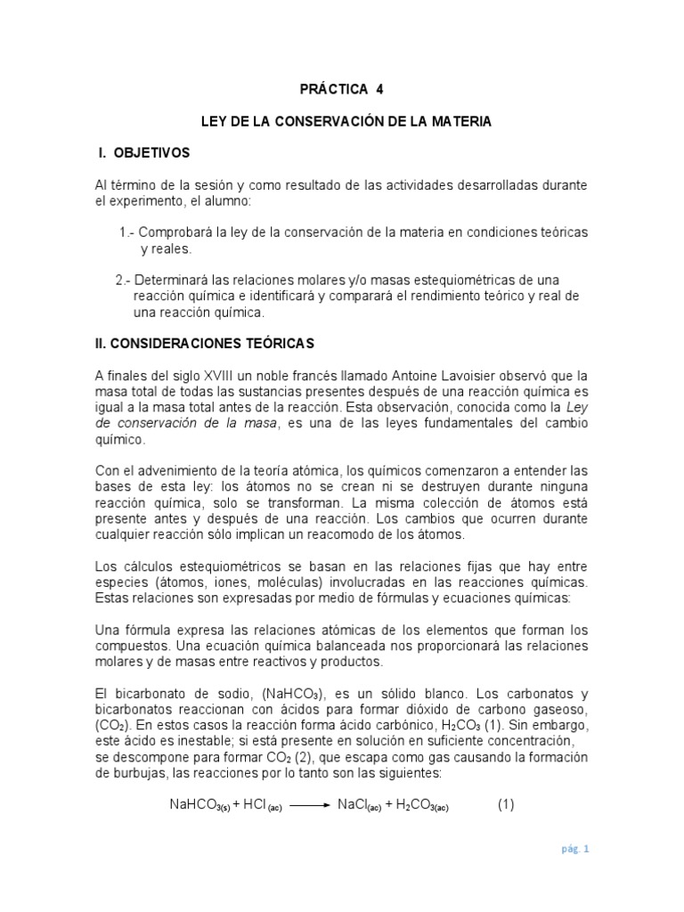 Ley de Conservación de la Materia en Reacciones | PDF | Reacciones ...