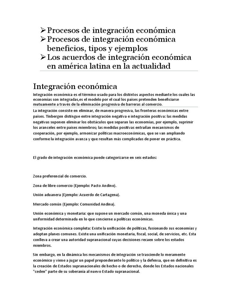 Procesos de Integración Económica | PDF | Integración económica | Economias