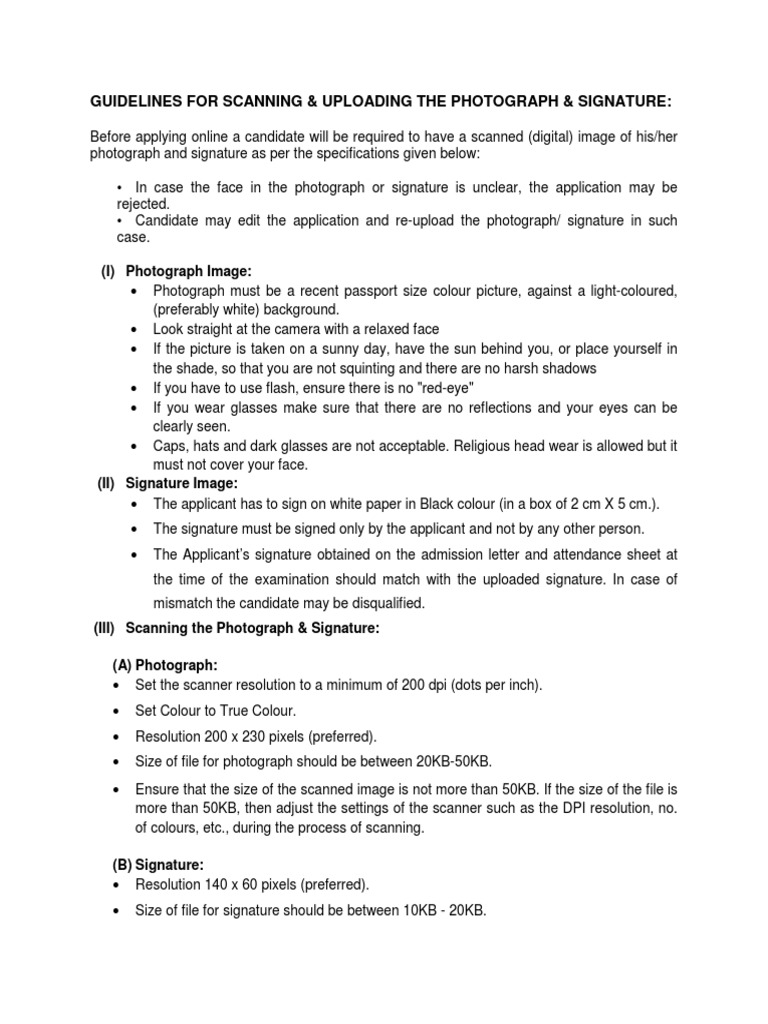 Guidelines For Scanning & Uploading The Photograph & Signature | PDF | Image Scanner | Computer ...