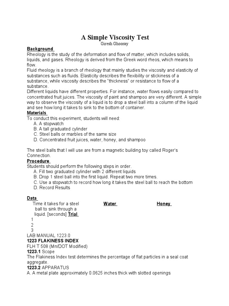 A Simple Viscosity Test | PDF | Nature | Rheology