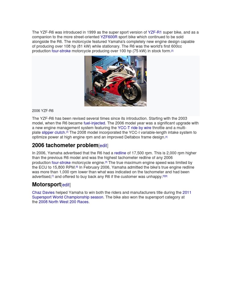 Yamaha YZF-R6: Evolution & Highlights | PDF
