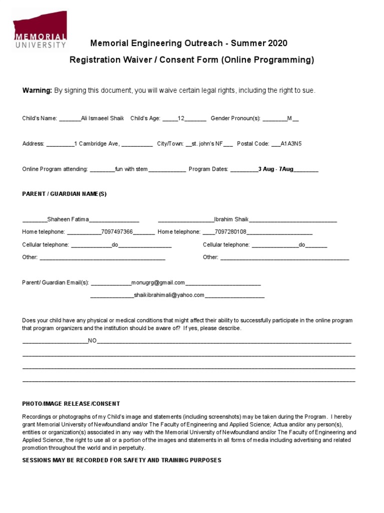 Memorial Engineering Outreach - Summer 2020 Registration Waiver ...