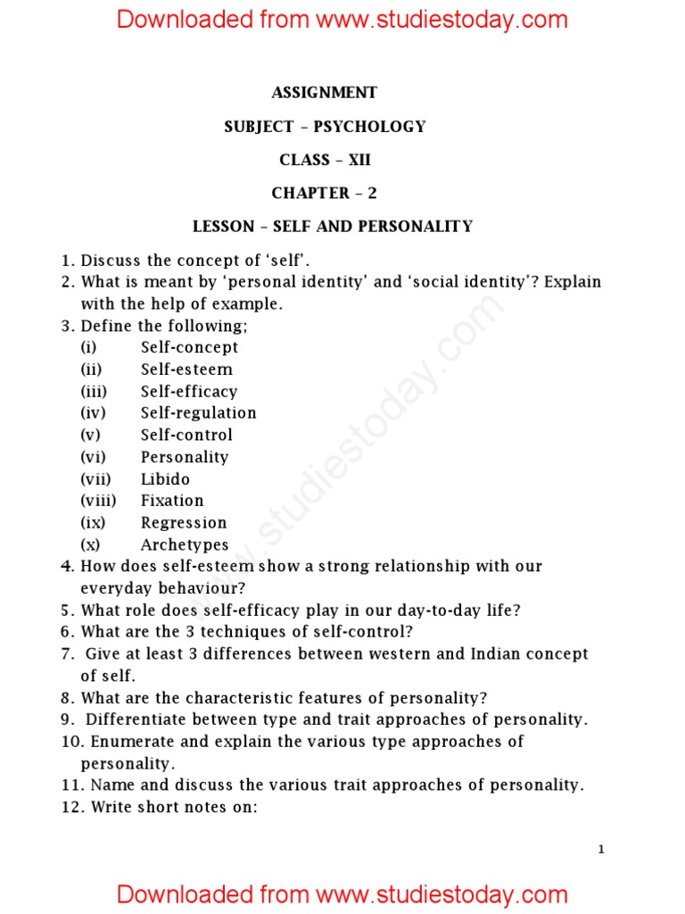 CBSE Class 12 Psychology - Self and Personality | PDF | Self | Identity ...
