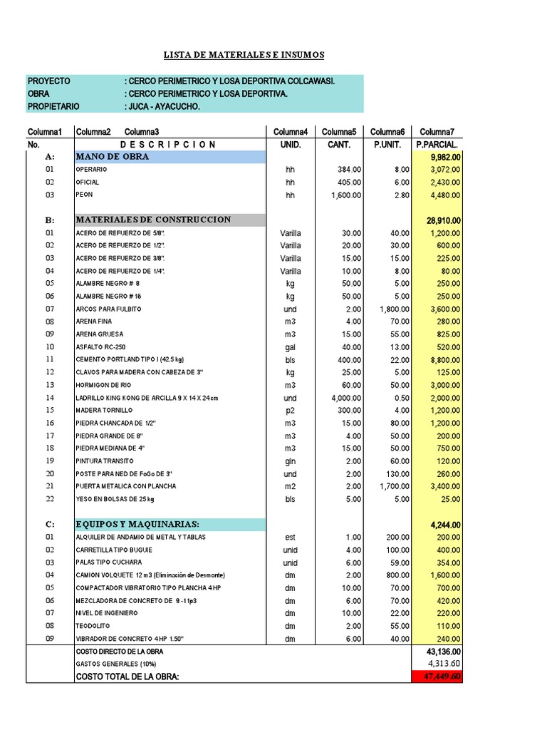 Presupuesto y Lista de Materiales de Construccion | PDF | Ingeniería estructural | Ingeniero civil