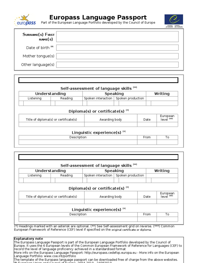 Europass Language Passport | Conversation | Symbols