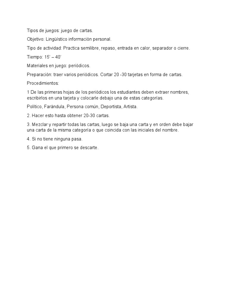 Juego de cartas para practicar categorías | PDF