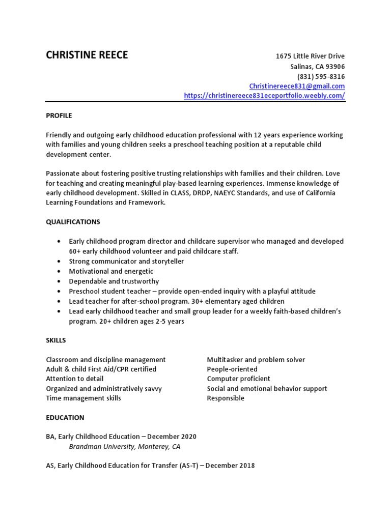 Christine Reece Resume Eced | PDF | Child Care | Relationships