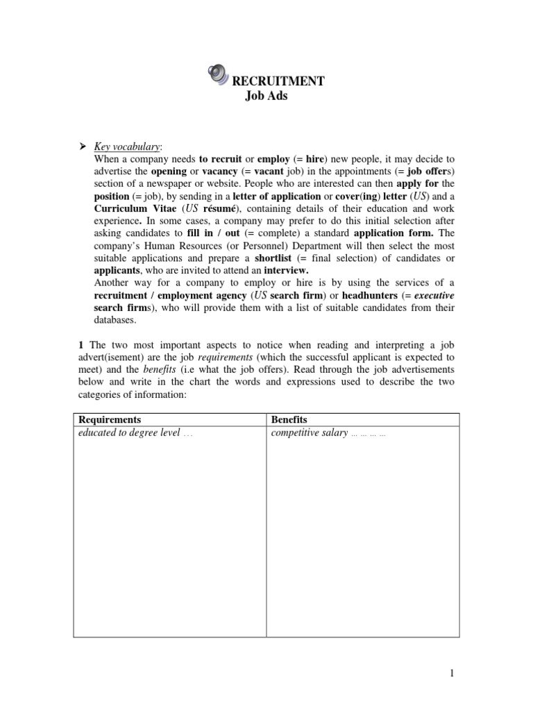 Job Ads (5 Ads + Exercises) | Download Free PDF | Recruitment | Résumé