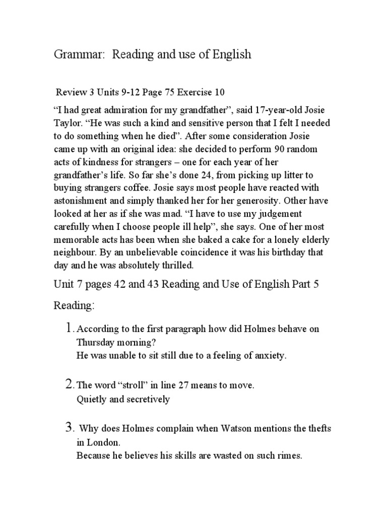 Unit 7 Pages 42 and 43 Reading and Use of English Part 5 Reading | PDF ...