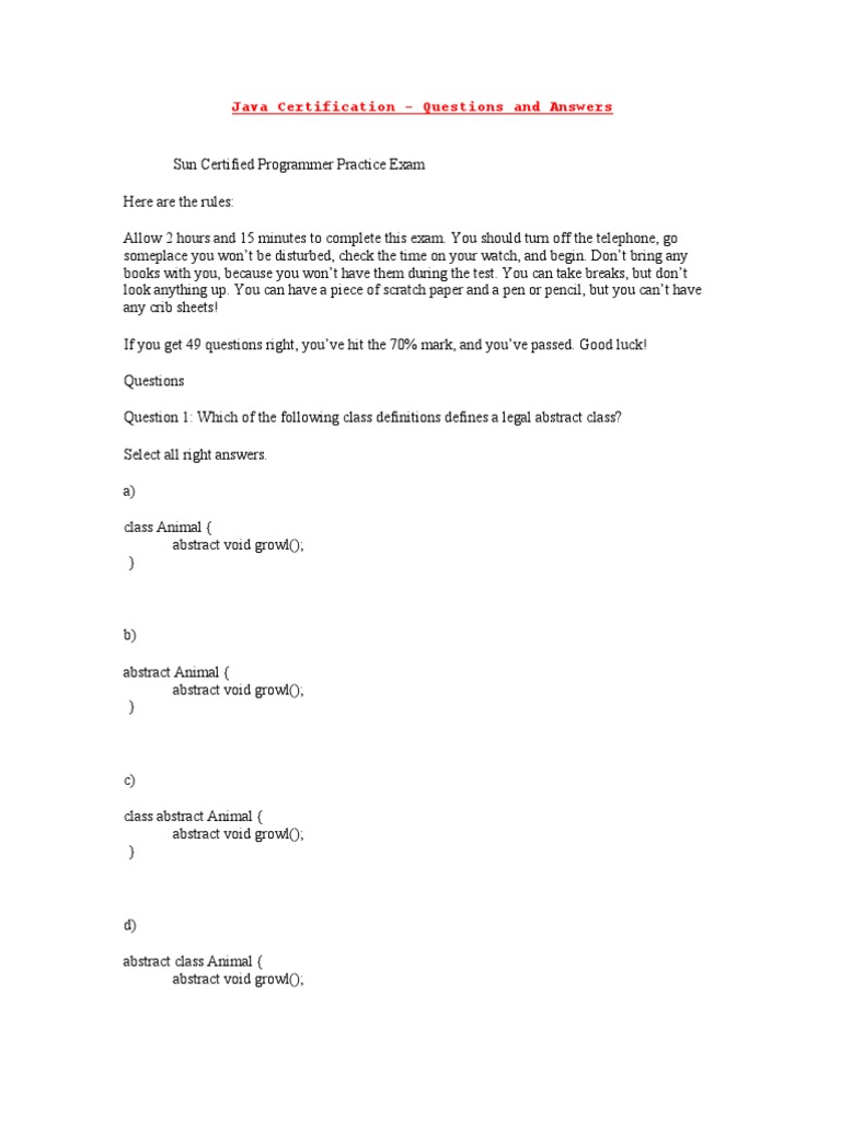 Sun Certified Programmer Practice Exam Questions And Answers For The Java Certification Exam