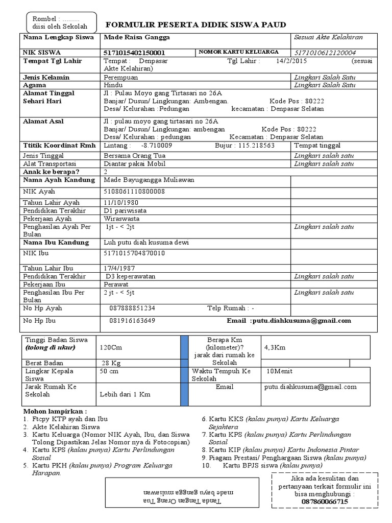 Formulir Dapodik Siswa TK 2020 | PDF