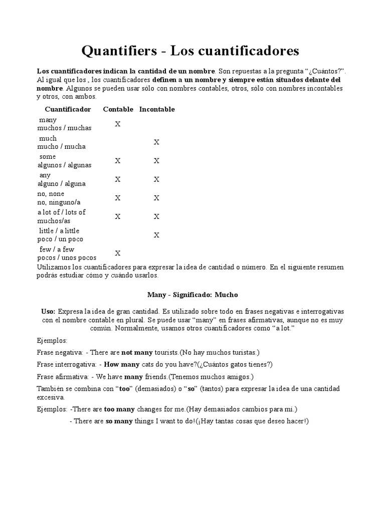 Quantifiers - Los Cuantificadores - Odt | PDF | Sustantivo | Lingüística