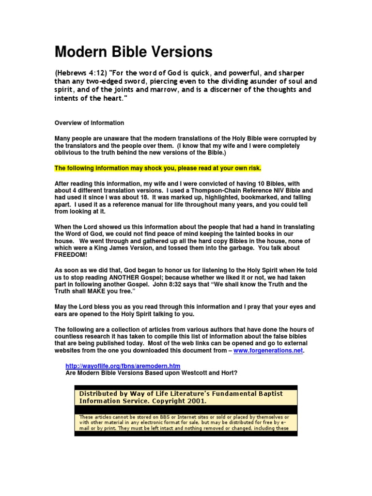 Modern Bible Versions: Distributed by Way of Life Literature's ...