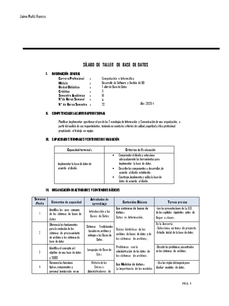 Taller - de - Base - de - Datos Silabo Oficial | PDF | Base de datos relacional | SQL