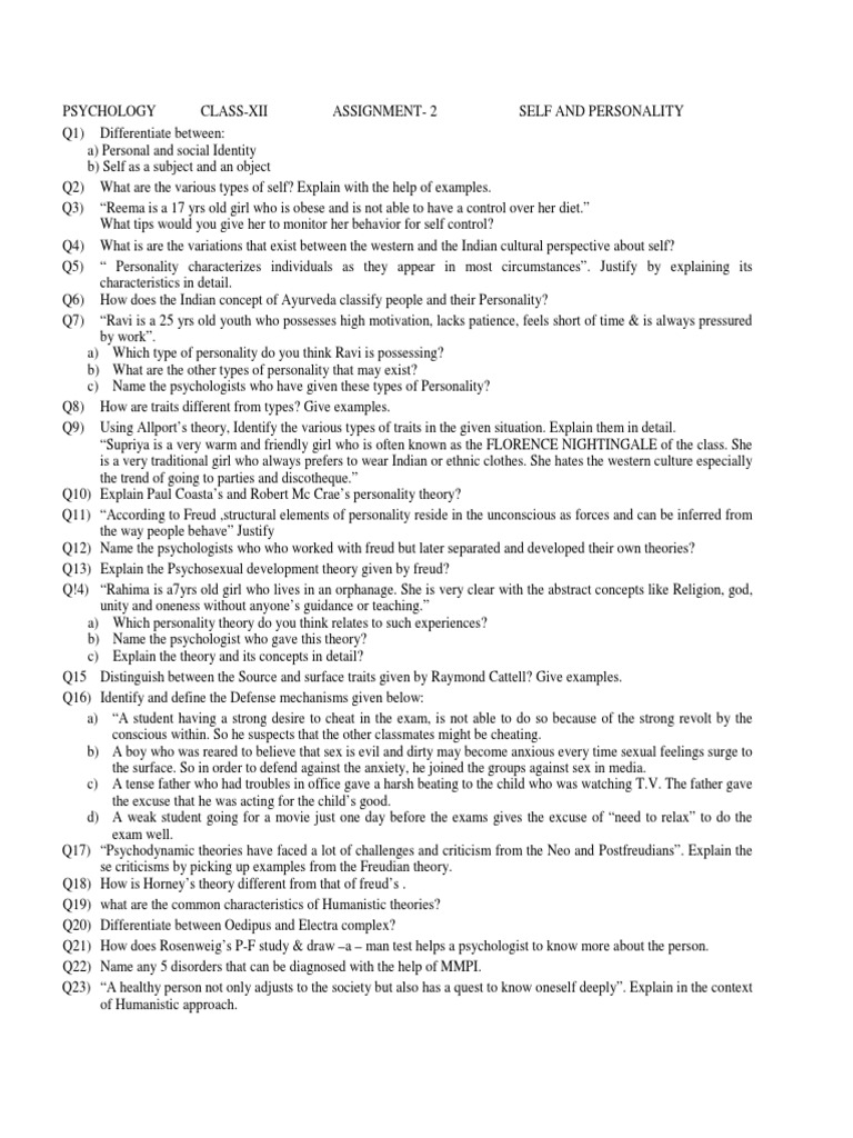 CBSE Class 12 Psychology Worksheet | PDF | Id | Extraversion And ...