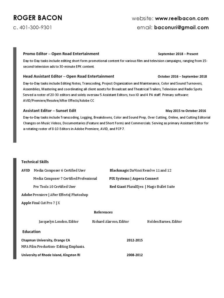 Roger Bacon Resume Nov2020 | PDF | Digital Technology | Media Technology