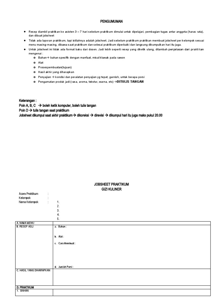 Panduan Jobsheet Praktikum Gizi Kuliner | PDF