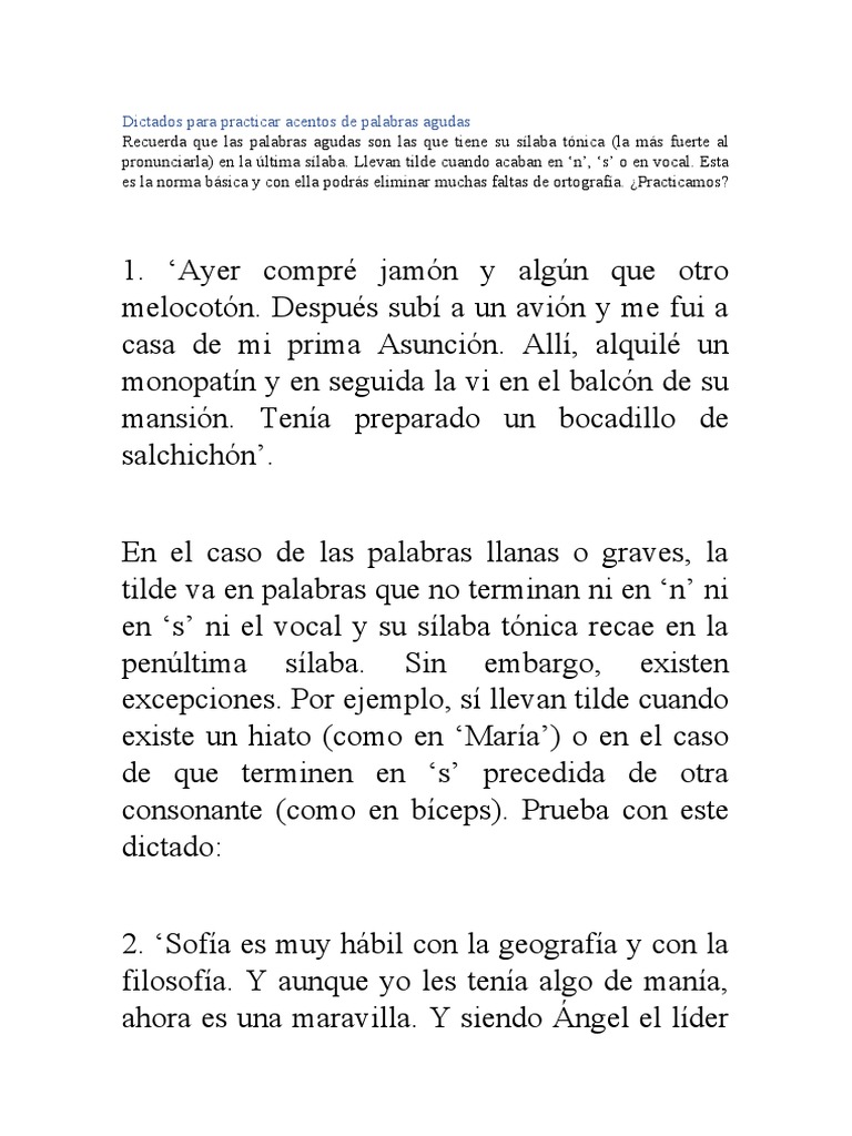 Dictados para Practicar Acentos de Palabras Agudas | PDF | Voz humana ...