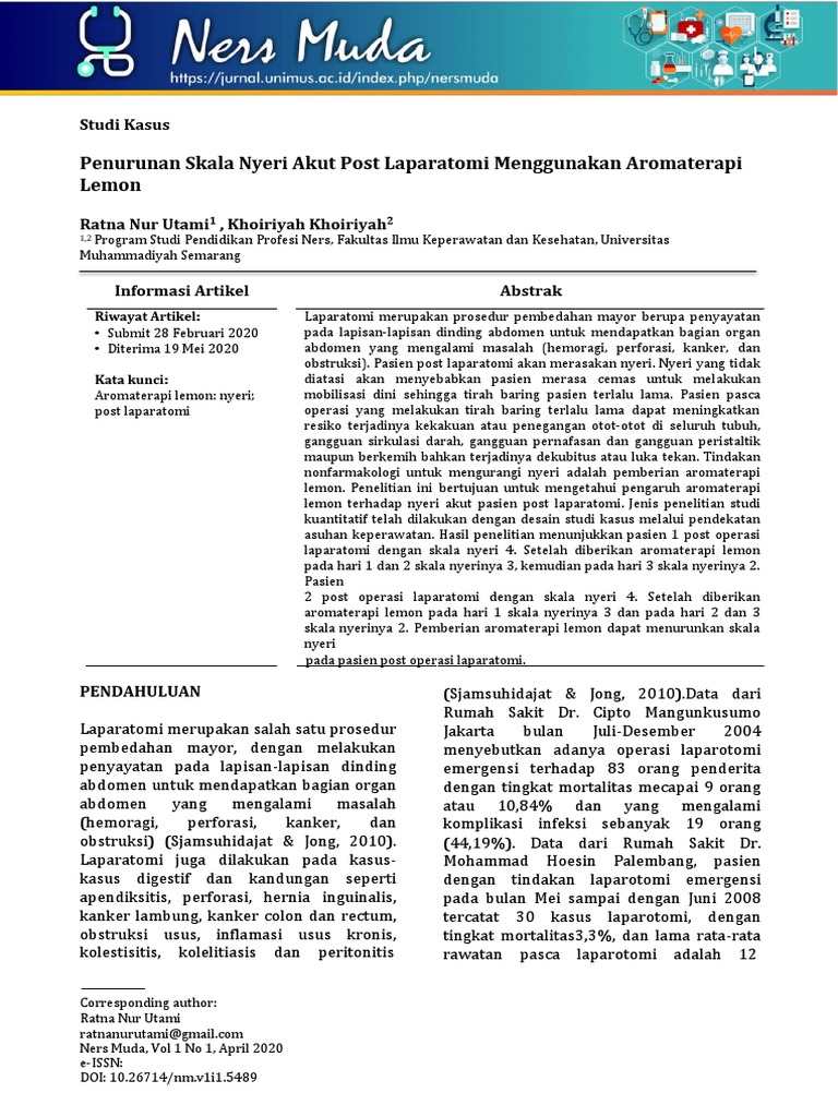 Penurunan Skala Nyeri Akut Post Laparatomi Menggunakan Aromaterapi Lemon | PDF