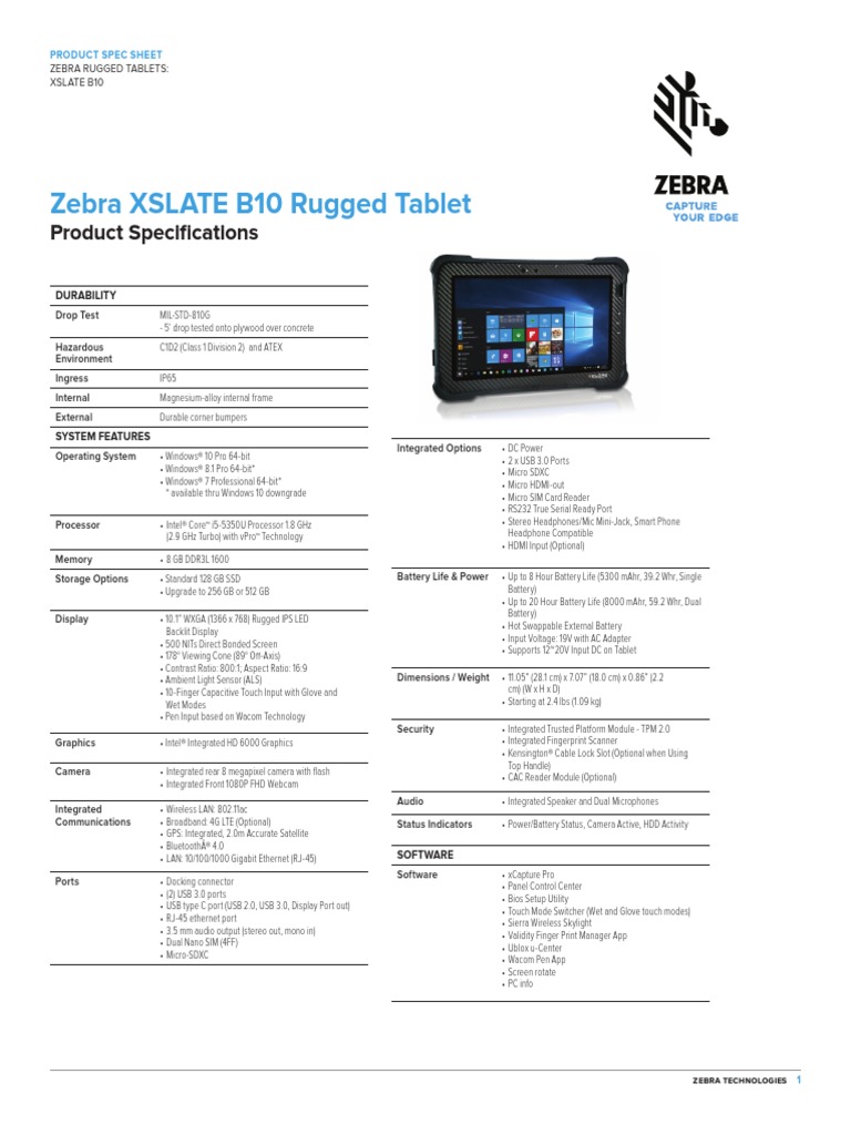 Xslate b10 Spec Sheet en Us | PDF | Tablet Computer | Usb