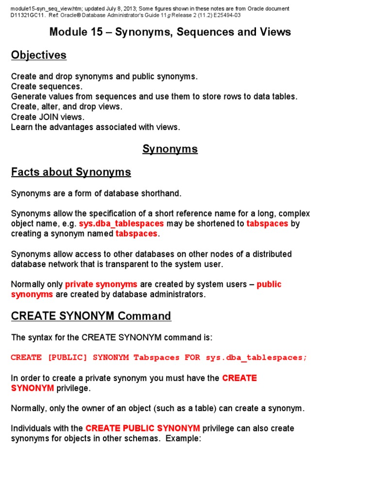Module 15 - Synonyms, Sequences and Views | PDF | Table (Database ...