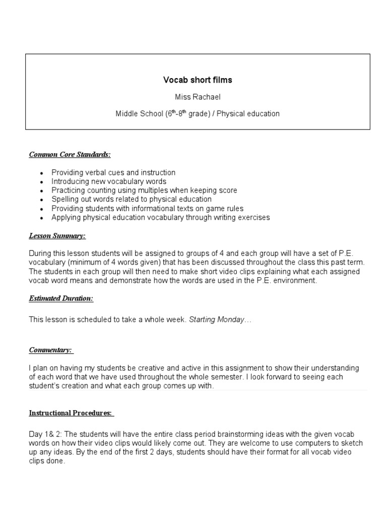 Engaging P.E. Vocabulary Video Project | PDF | Physical Education ...